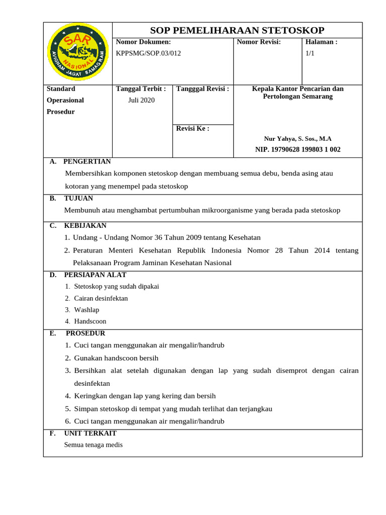 SOP Pemeliharaan Stetoskop | PDF