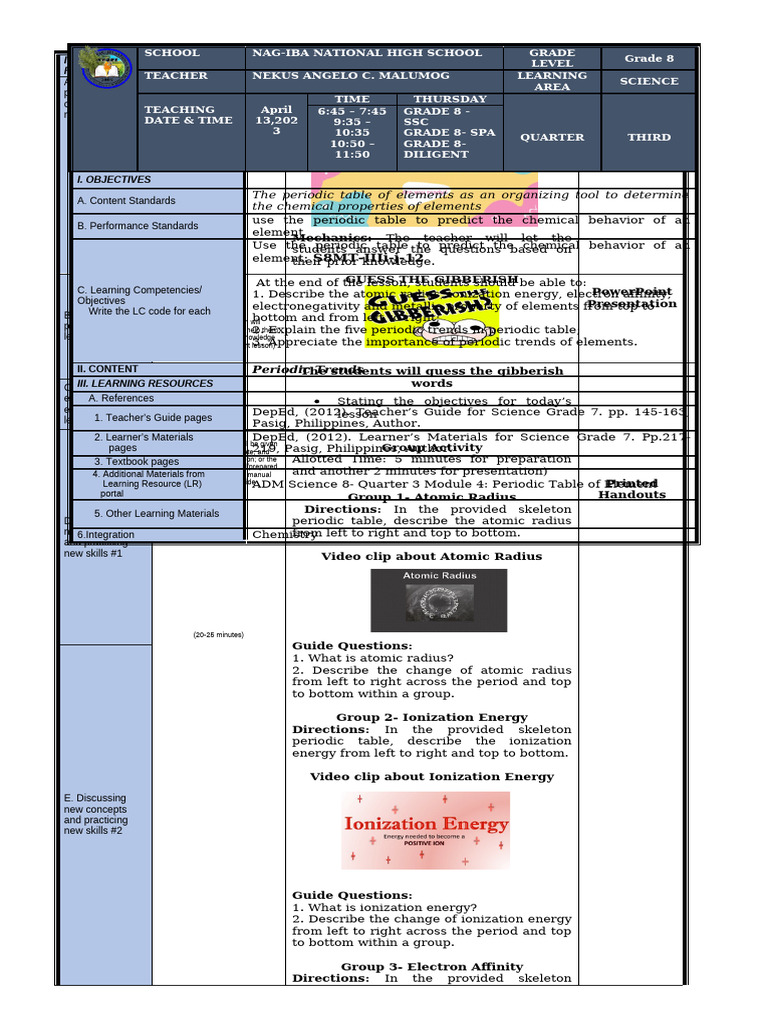 Lesson Plan Grade 8 Intro Periodic Table | PDF | Periodic Table | Chemistry