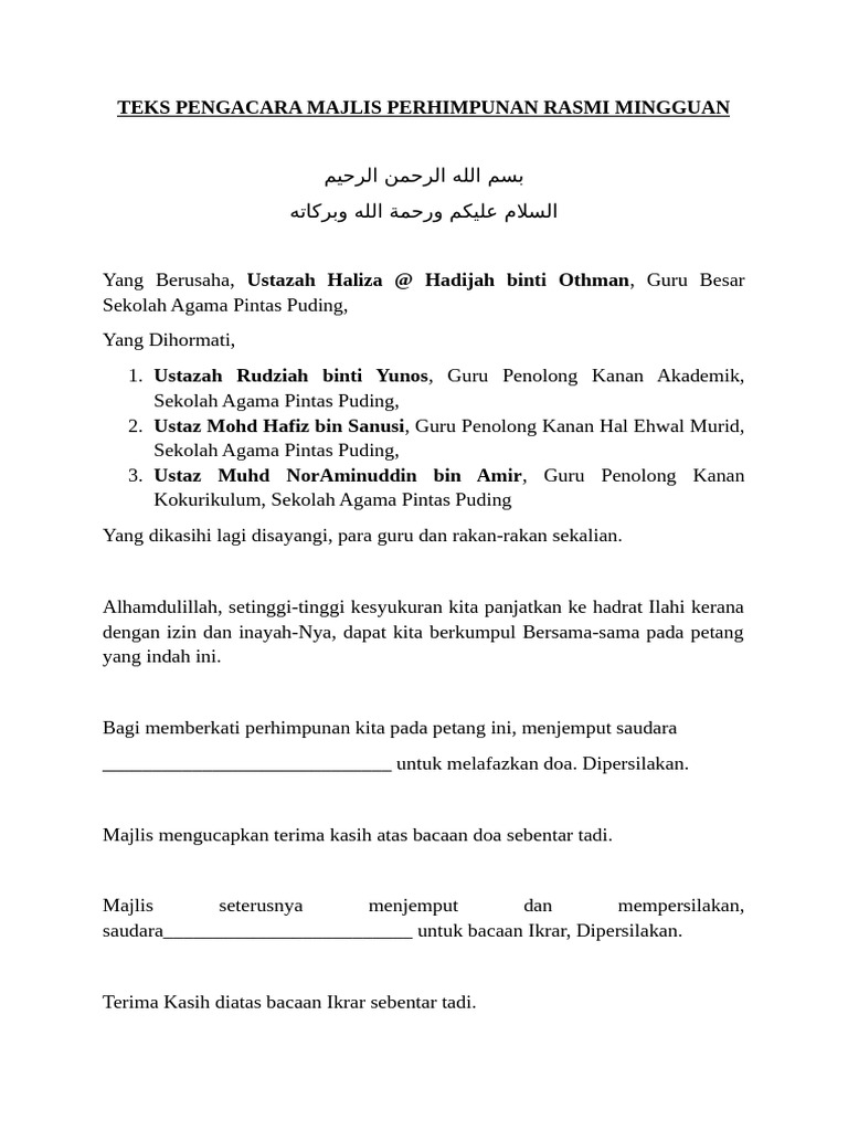 Teks Pengacara Majlis Perhimpunan Rasmi Mingguan | PDF