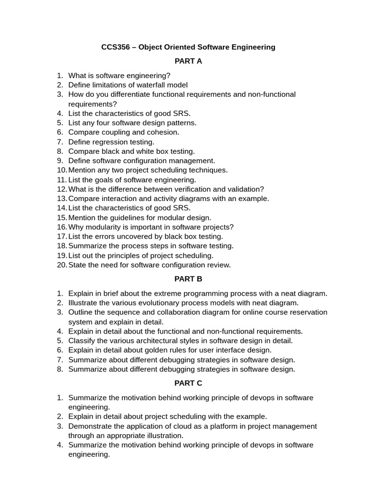 CCS356 - Object Oriented Software Engineering - CIA 1 QB | PDF