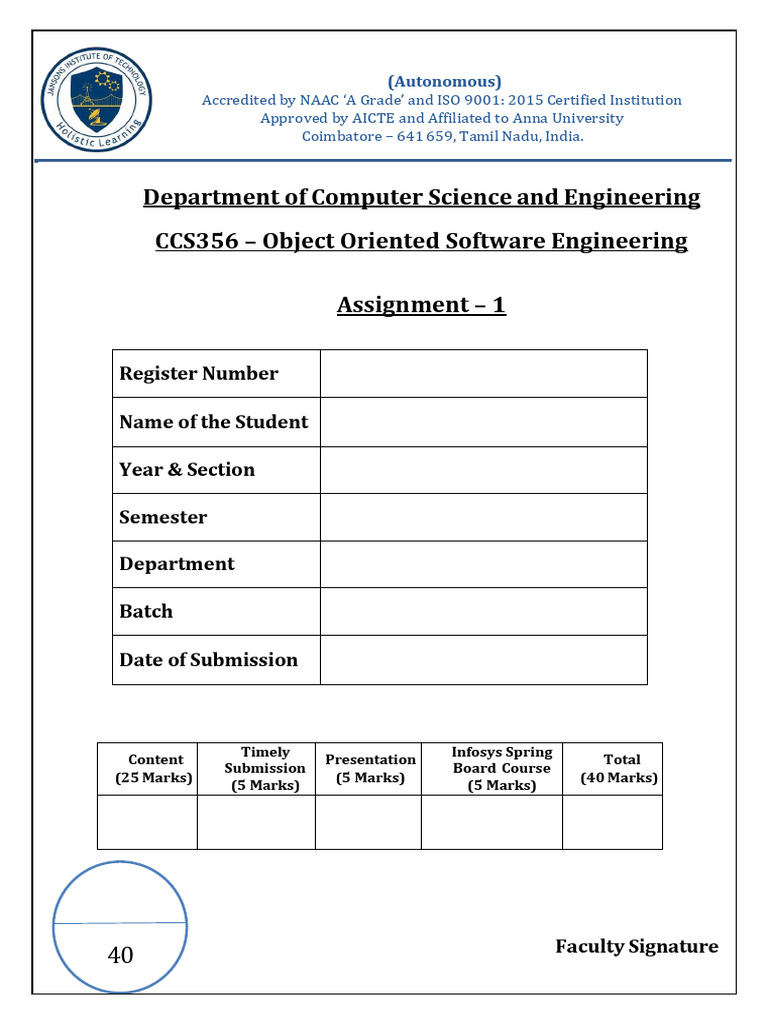 CCS356 – Object Oriented Software Engineering _ Assignment - Front Page Template | PDF