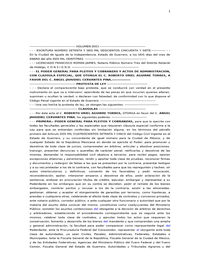 Poder General-Pleitos y Cobranzas-Administracion Con Clausula Especial. - Roberto Uriel Guirre ...