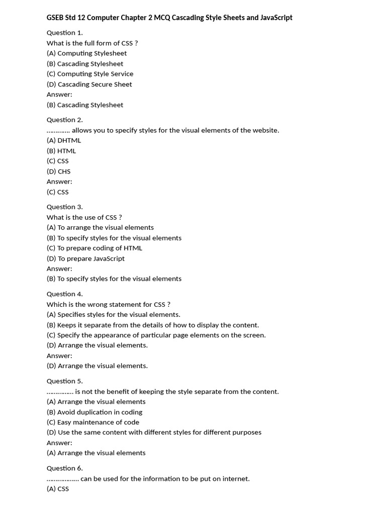 GSEB STD 12 Computer Chapter 2 MCQ Cascading Style Sheets and JavaScript | PDF | Dynamic Web ...