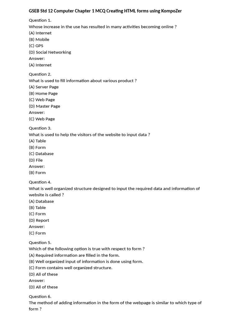 GSEB STD 12 Computer Chapter 1 MCQ Creating HTML Forms Using KompoZer | PDF | Button (Computing ...