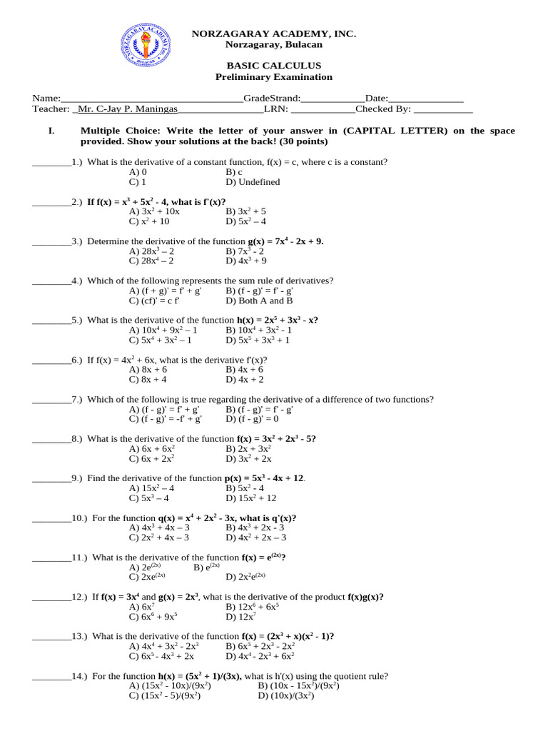 2 Basic Calculus Preliminary Exam | PDF | Arithmetic | Mathematical Objects