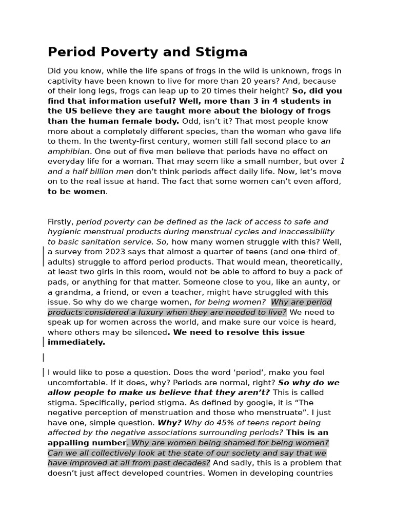 Period Poverty and Stigma Speech | PDF