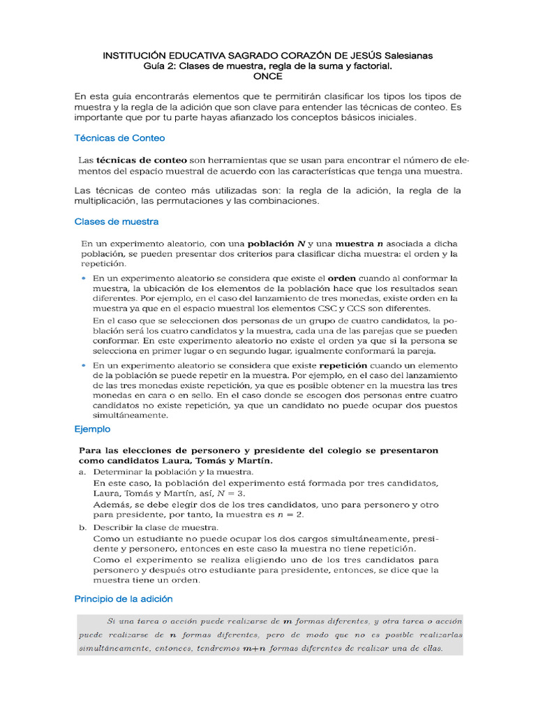 Guía 2. Clases de Muestra, Regla de La Suma y Factorial. | PDF