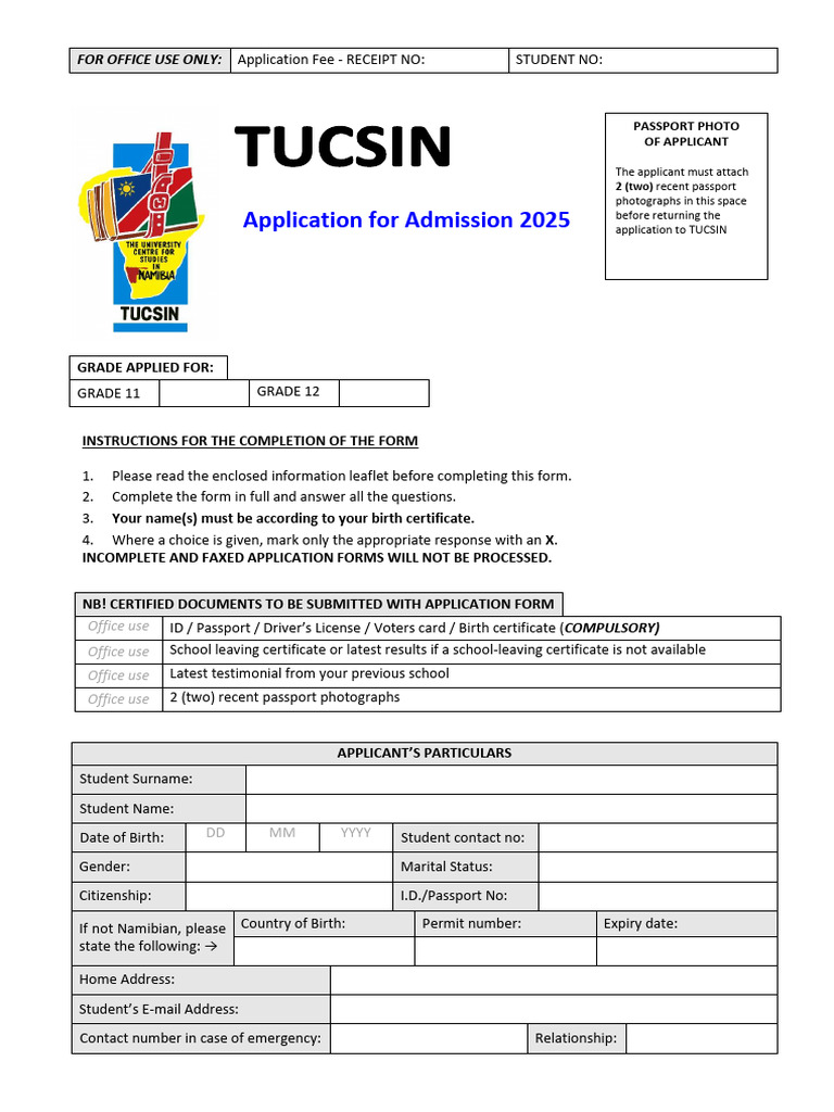 2025application Form Grade 11 12 CC TUCSIN | PDF | Identity Document