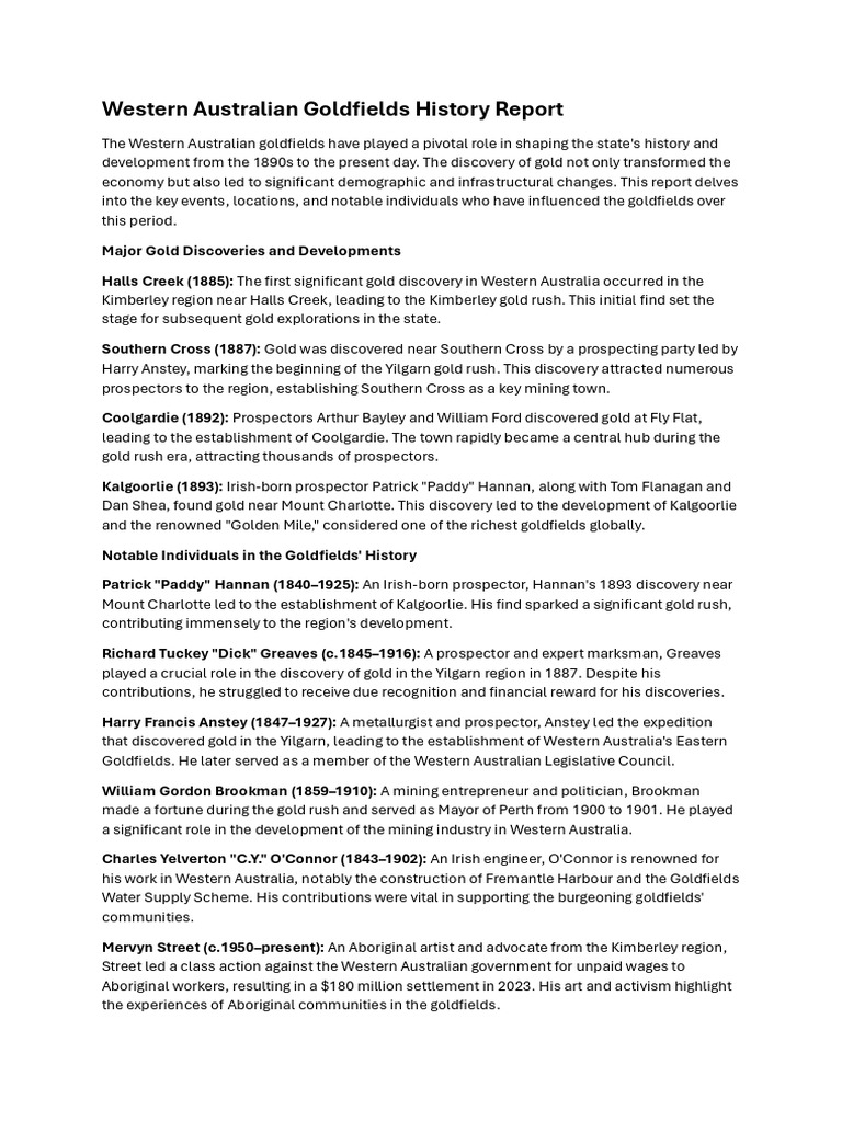 WA Goldfields History Report | PDF | Commodity Booms | Australia