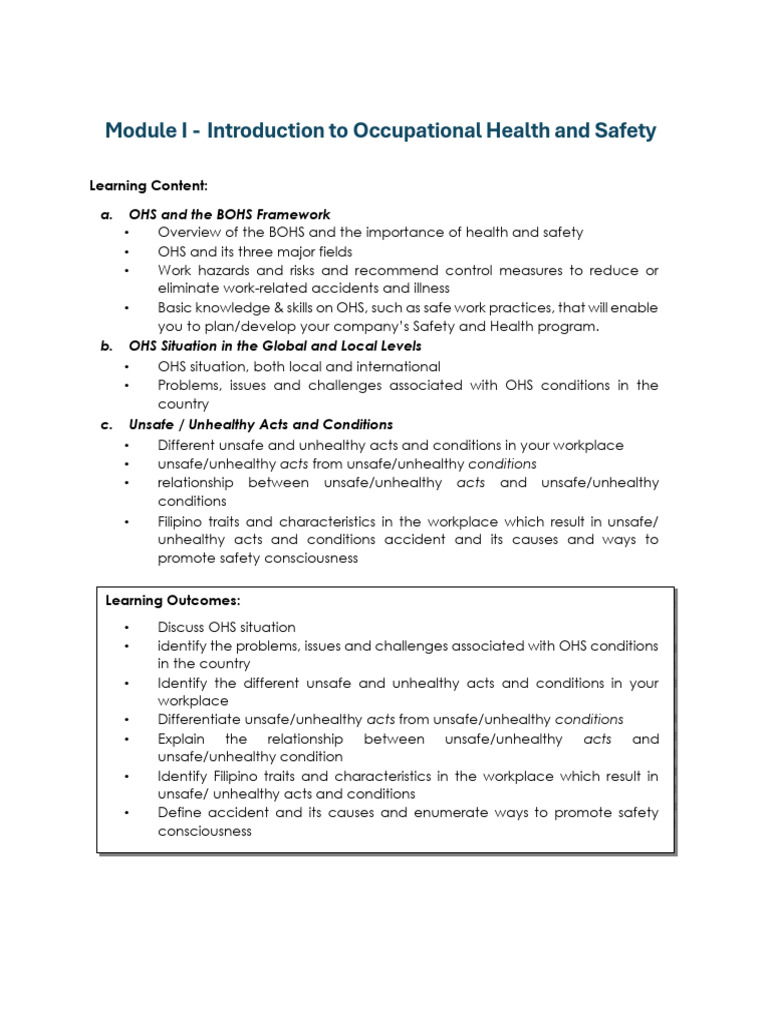 Module I-Introduction To Occupational Health and Safety | PDF ...