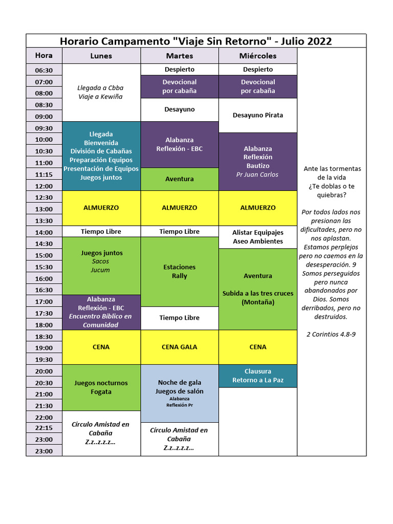 Horario Oficial Campamento INF Junio 2022 | PDF