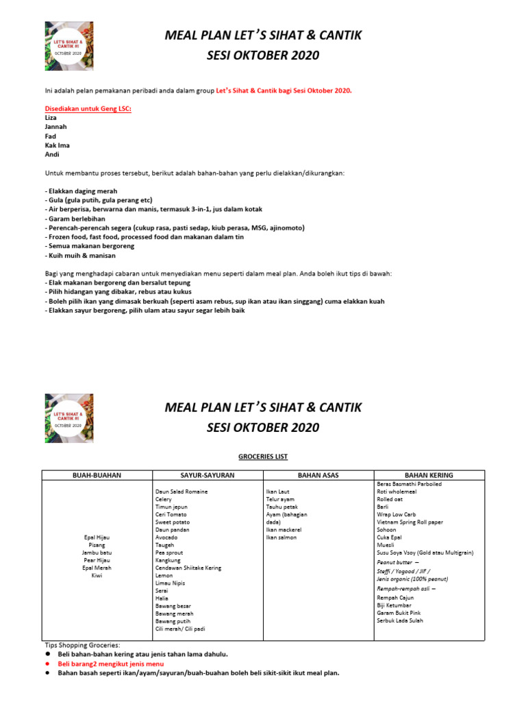 Week 2 Meal Plan Let's Sihat & Cantik | PDF
