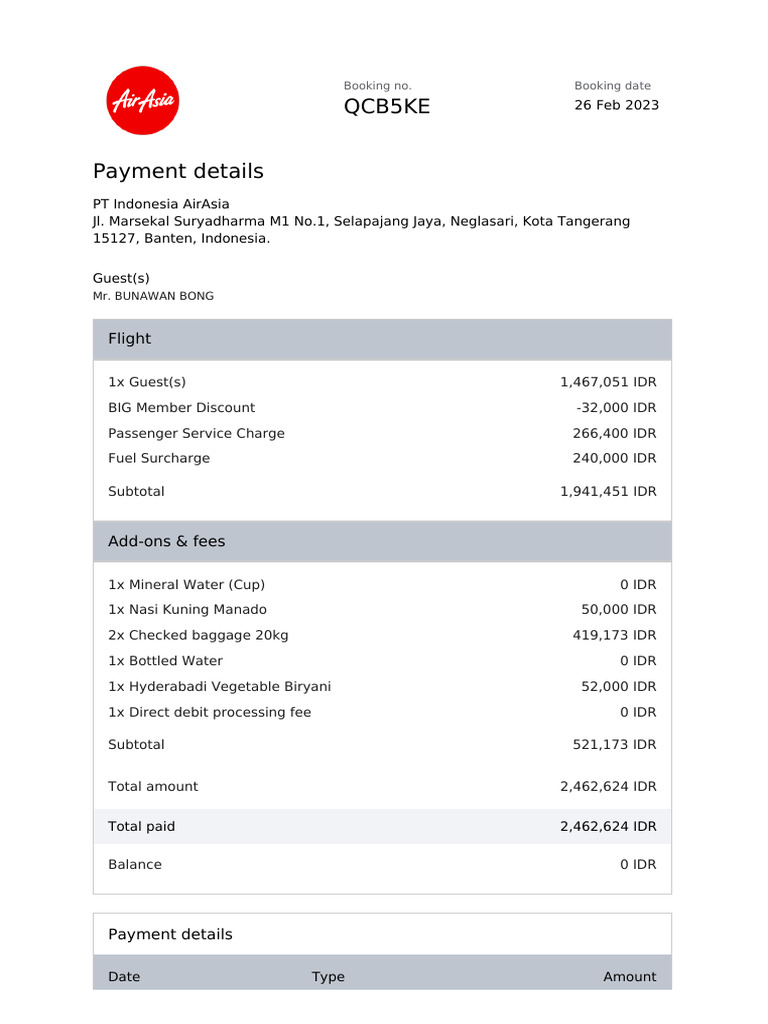 AirAsia Booking Receipt Summary | PDF