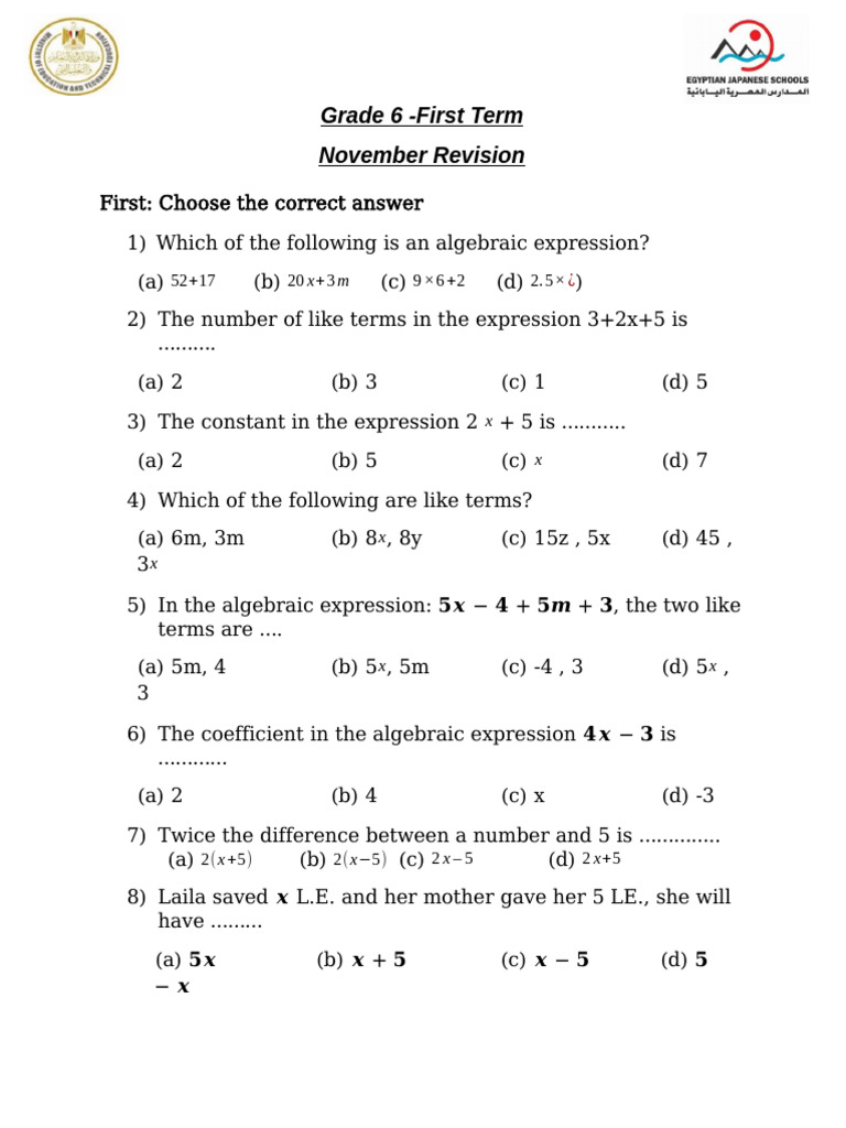 November Revision Grade 6 | PDF | Inequality (Mathematics) | Equations