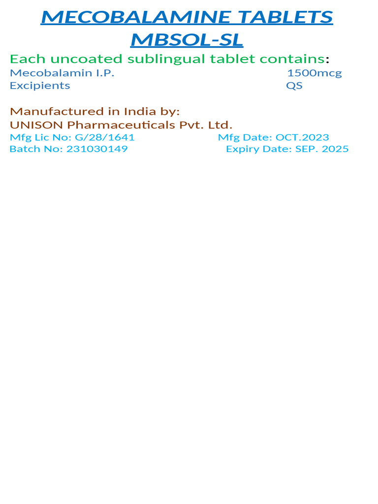 Mecobalamin 1500mcg Sublingual Tablets | PDF