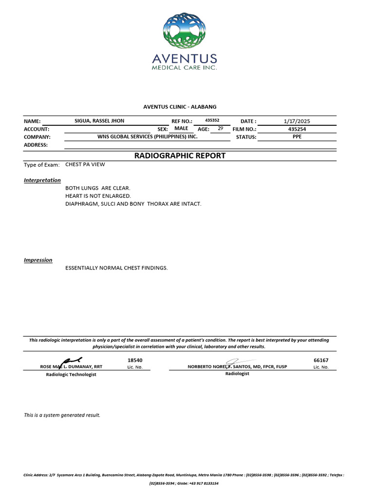 Normal Chest X-Ray Findings Report | PDF