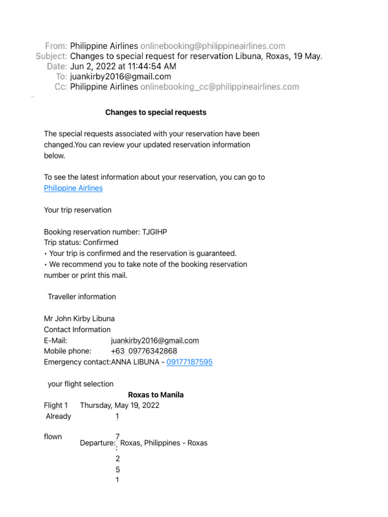 Changes To Special Request For Reservation Libuna, Roxas, 19 May | PDF ...