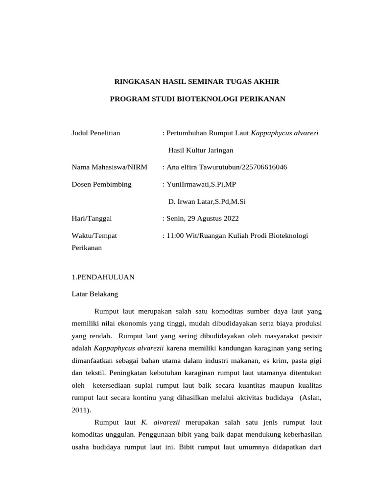 Ringkasan Hasil Seminar Tugas Akhir Elfira | PDF