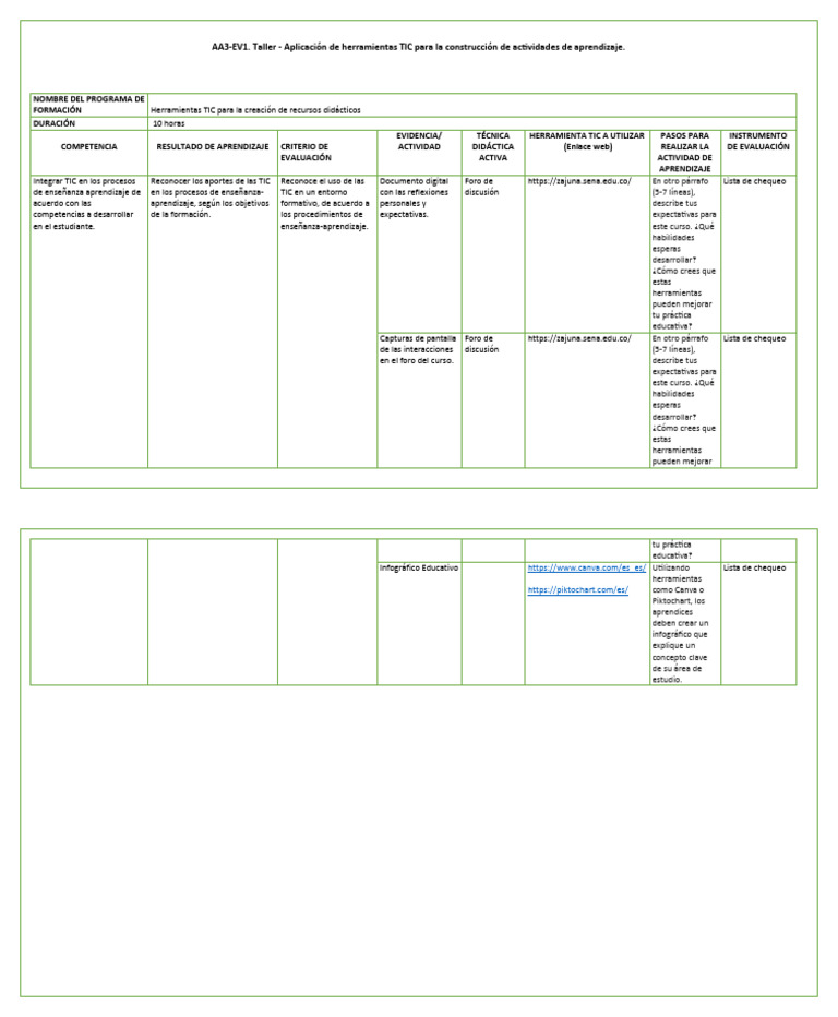 Matriz AA3-EV1_Taller - Aplicación de herramientas TIC | PDF | Enseñando | Aprendizaje