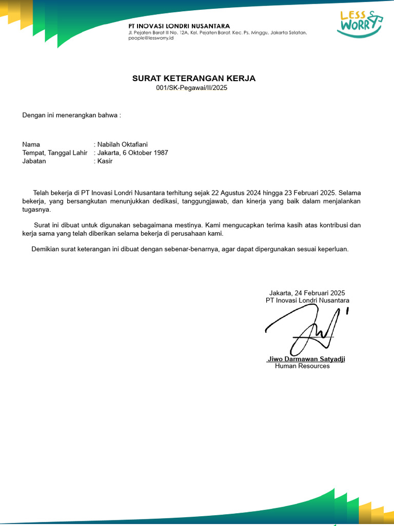 Surat Keterangan Kerja Nabilah Oktafiani | PDF