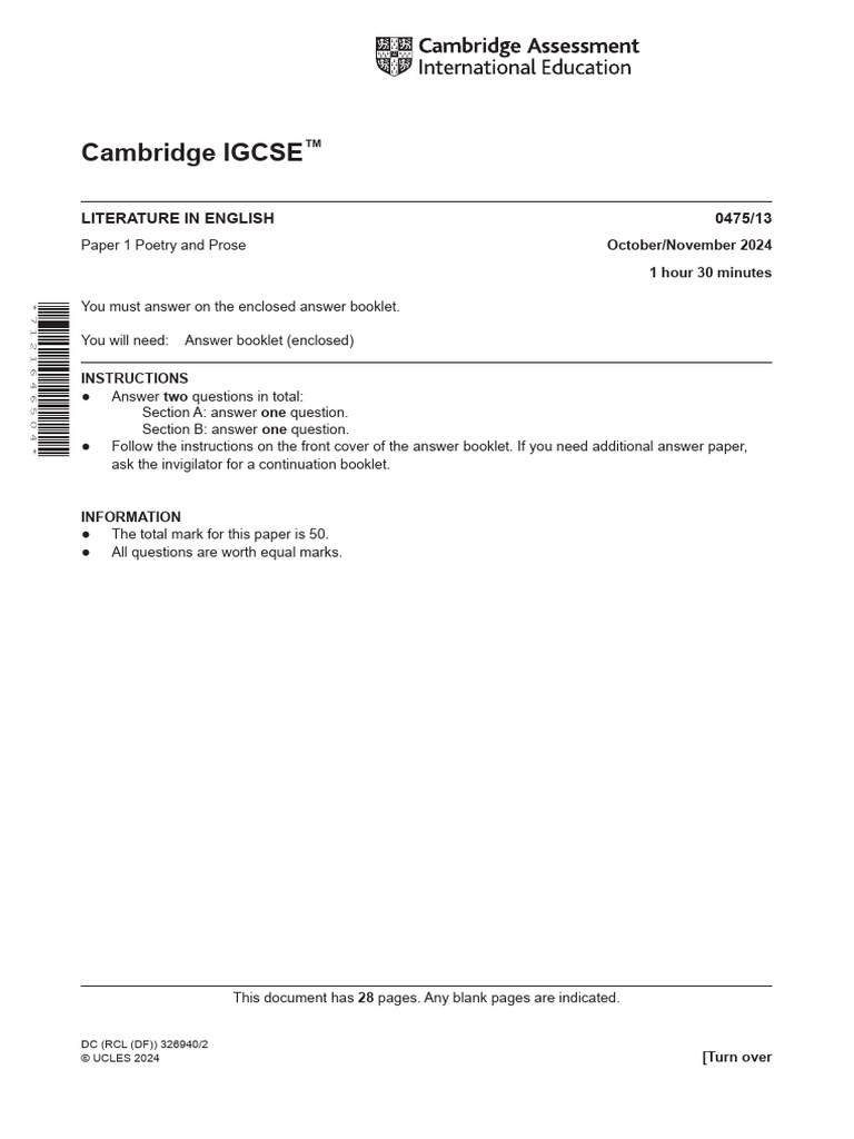 Cambridge IGCSE: Literature in English 0475/13 | PDF