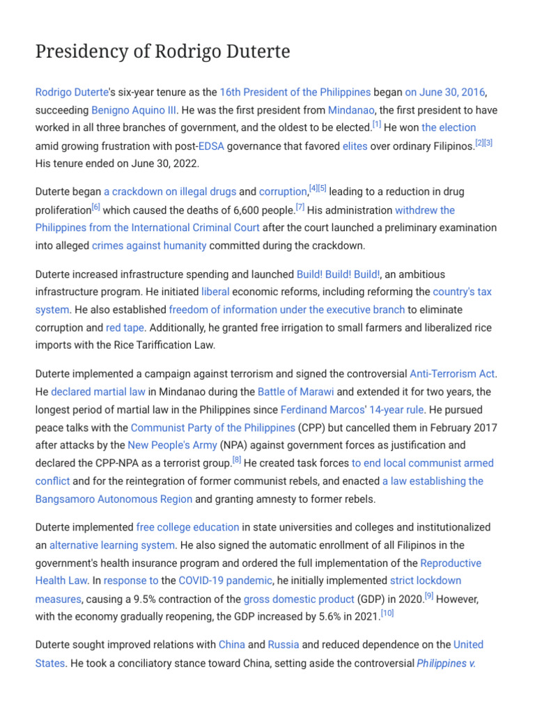 Overview of Duterte's Presidency (2016-2022) | PDF | Rodrigo Duterte ...