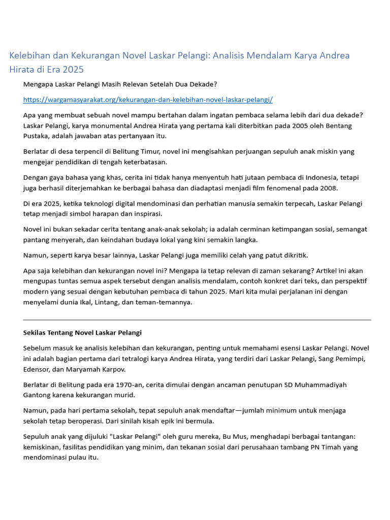 Kelebihan Dan Kekurangan Novel Laskar Pelangi | PDF