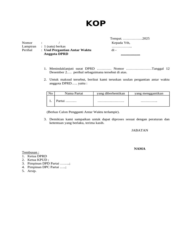 Contoh Format Surat PAW Anggota Dewan Perwakilan Rakyat Daerah (DPRD) | PDF