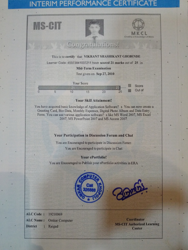 MS-CIT Mid-Term Exam Certificate | PDF