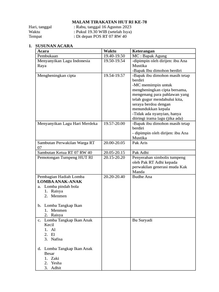 Susunan Acara Tirakatan RT 07 Ivy | PDF