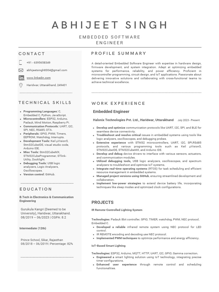 (As-2025) Update Resume Abhijeet 2025 | PDF | Embedded System | Microcontroller