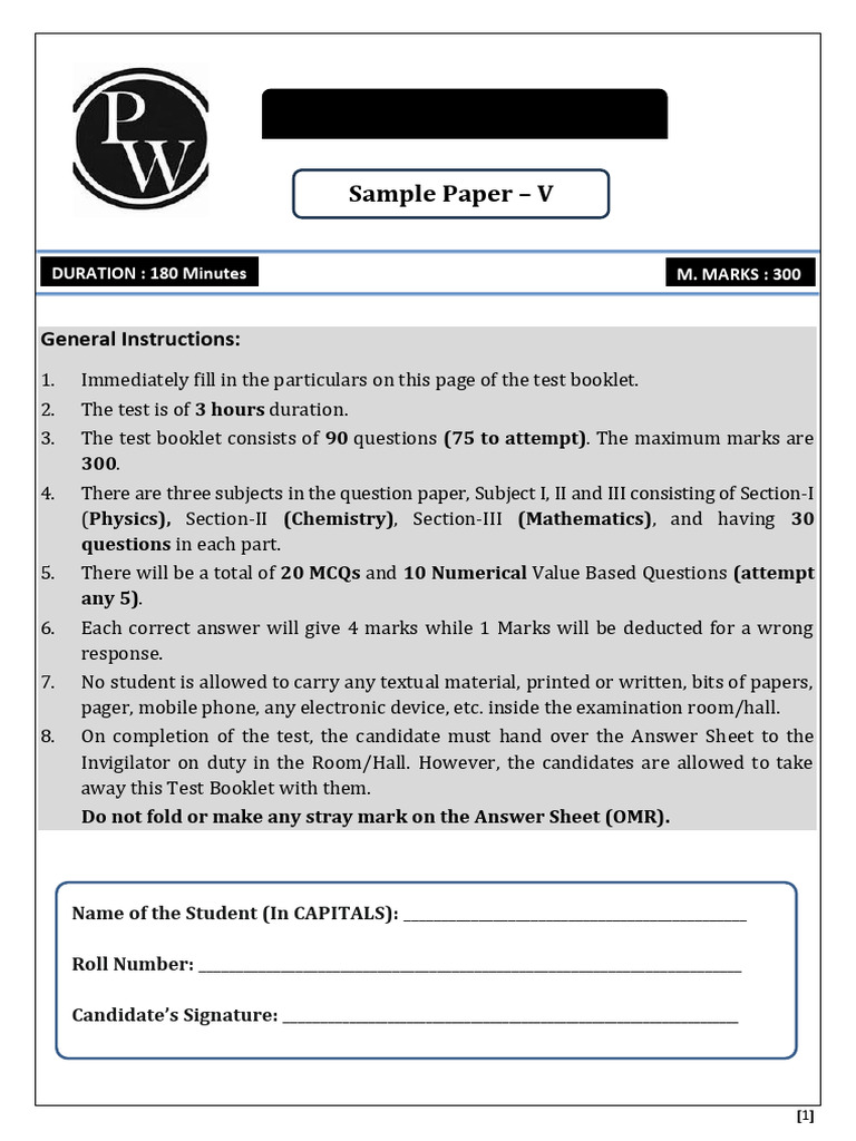 JEE Mains (Dropper) : Sample Paper V V | PDF | Force | Neutron