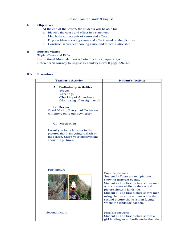 Cause and Effect Detailed Lesson Plan | PDF | Causality | Lesson Plan