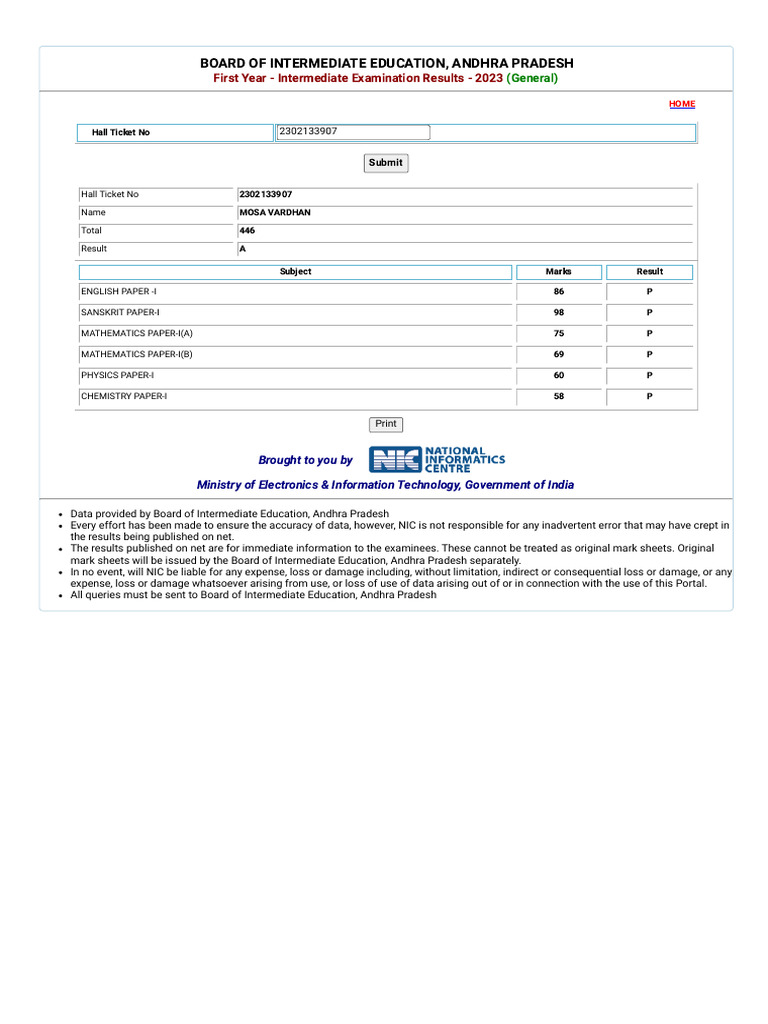 Intermediate Examination Results - 2023, Andhra Pradesh | PDF