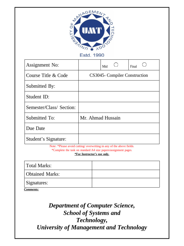 CS3045 Compiler Construction Assignment | PDF