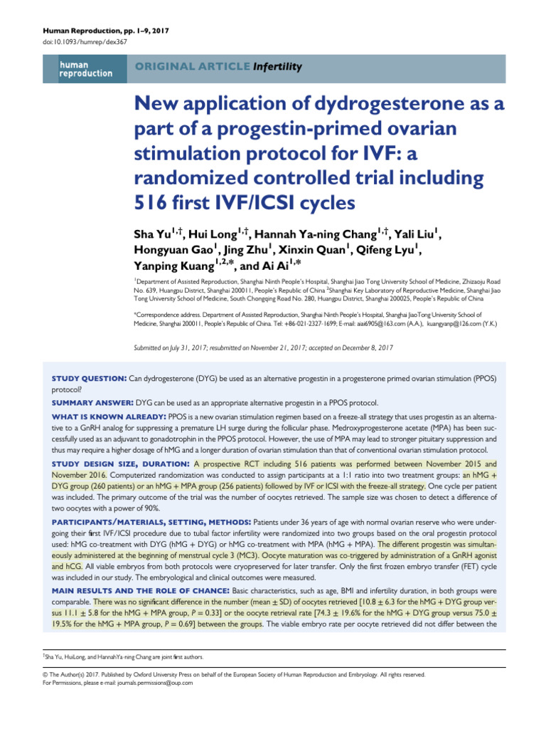 Yu. New Application of Dydrogesterone in PPOS | PDF | In Vitro ...