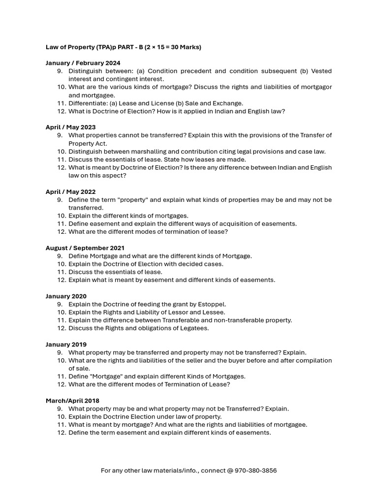 Law of Property - Part B - Q | PDF | Lease | Mortgage Law