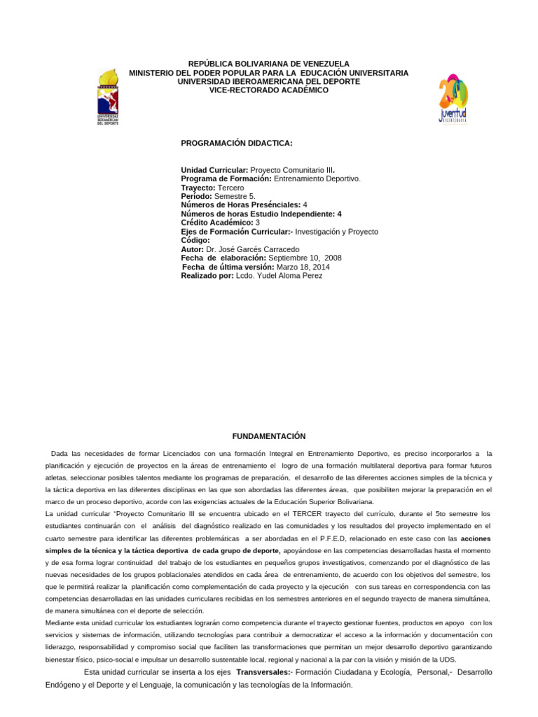 Programación Didáctica Proyecto Comunitario III Semestre 5 | PDF | Planificación | Venezuela