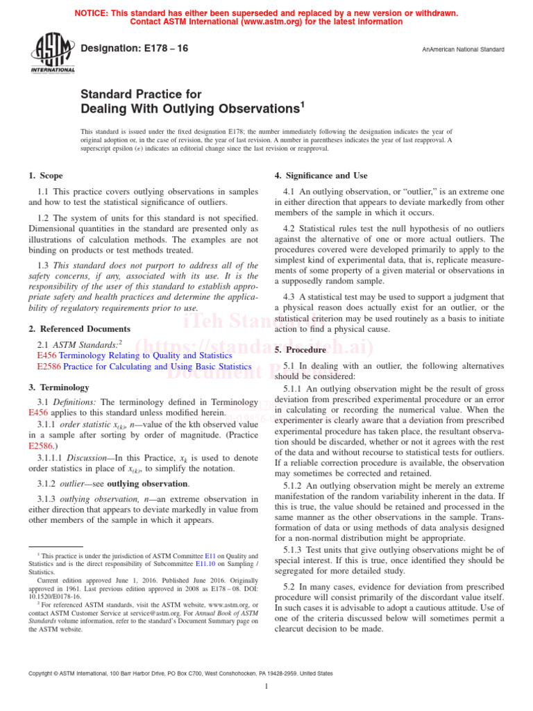 ASTM E178 16 (Outlier Analysis) | PDF | Outlier | Statistics
