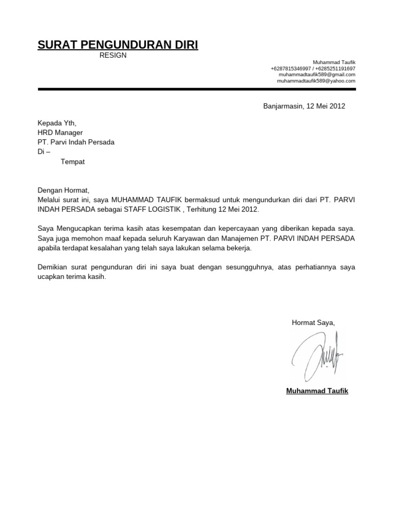 Surat Pengunduran Diri Muhammad Taufik | PDF