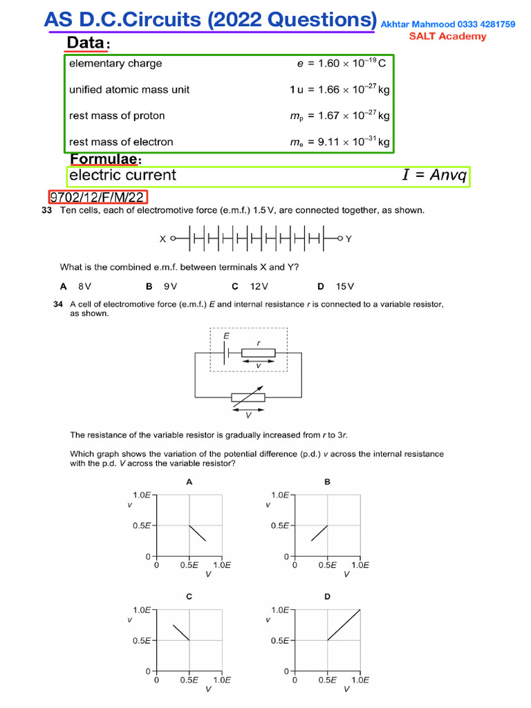 AS D.C.Curcuits (2022 Questions) | PDF | Voltage | Electrical Network