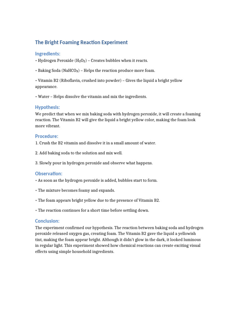 Bright Foaming Reaction Experiment | PDF | Hydrogen Peroxide | Chemical ...