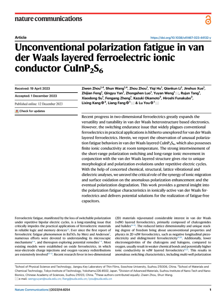 Unconventional polarization fatigue in van der Waals layered ferroelectric ionic conductor ...