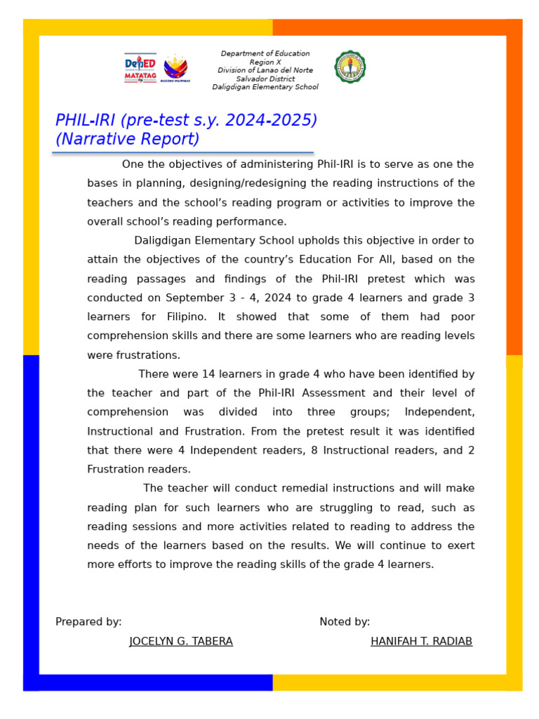 PHIl-iri NARRATIVE REPORT | PDF | Reading Comprehension | Applied ...