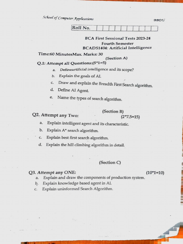 BBDU - ARTIFICIAL INTELLIGENCE - 2023 - Sessional 1 - ARTIFICIAL ...