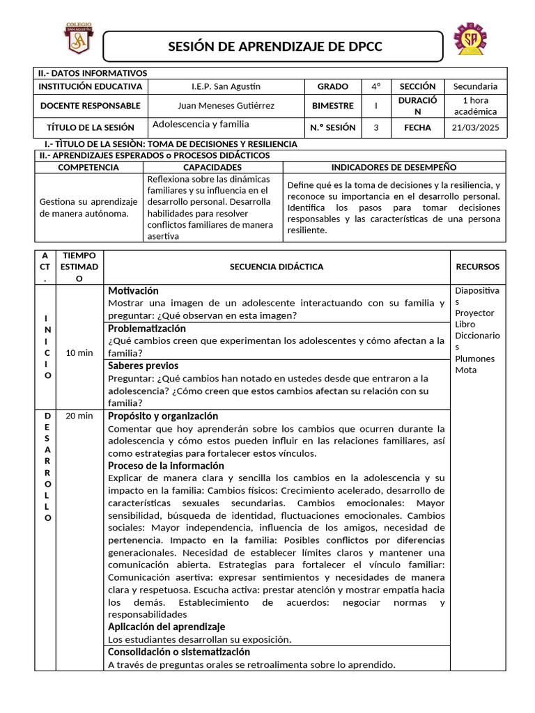 Sesion 3 DPCC 4° SEC adolescencia y familia | PDF | Aprendizaje | Ciencia cognitiva