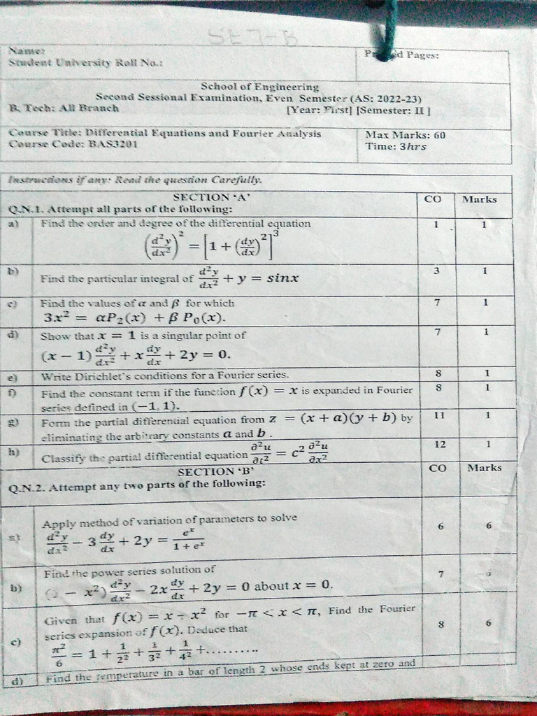 Bbdu - Differential Equation and Fourier Analysis - 2022 - Semester ...