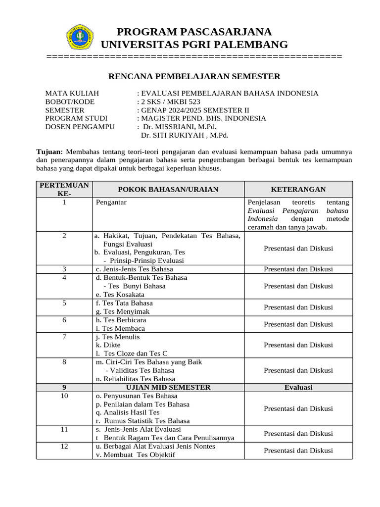 RPS Evaluasi Pembelajaran Bahasa Indonesia-2025 | PDF