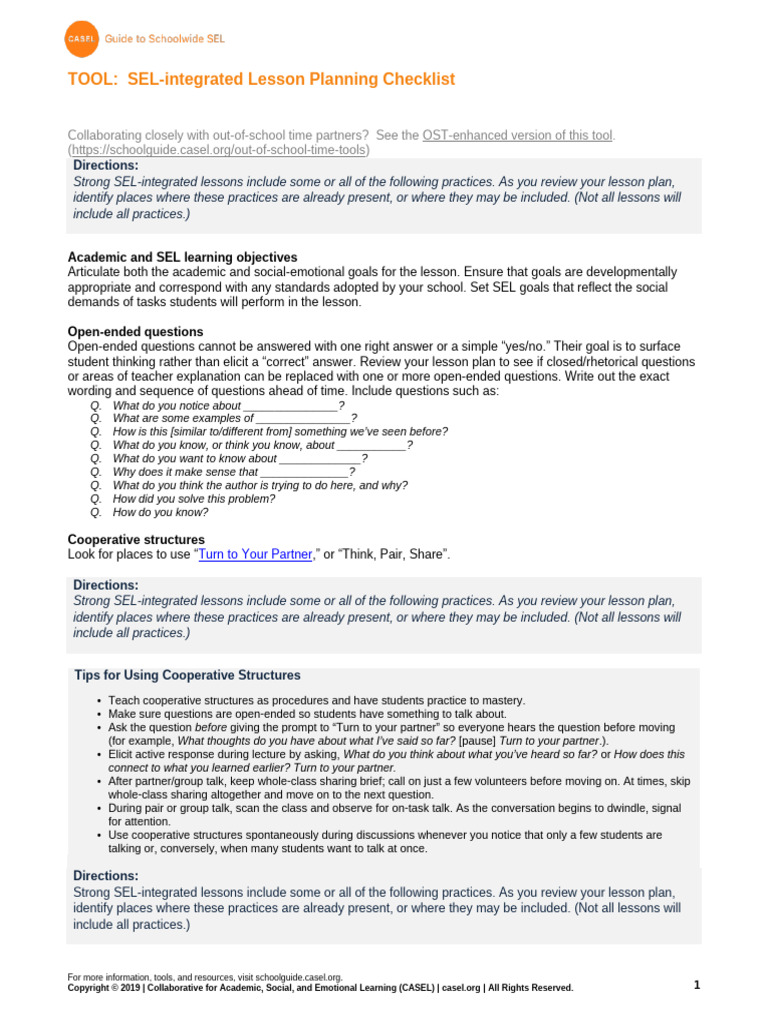 SEL Integrated Lesson Planning Checklist | PDF | Lesson Plan ...