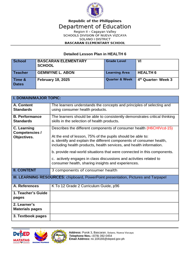 Detailed Lesson Plan In Health Pdf Lesson Plan